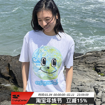 CryingCenter 地球插画手写字点纱轻柔触圆领短袖t恤 哭喊中心