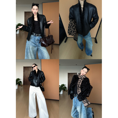 CIZZLEMORE【贝多芬之夜】精致弧形立领皮毛一体两面穿皮衣厚外套