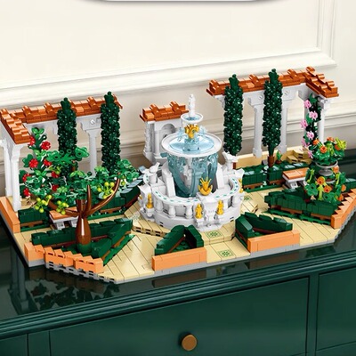 欧美跨境新款玩具杰星57032拼装DIY治愈系场景积木迷你喷泉广场