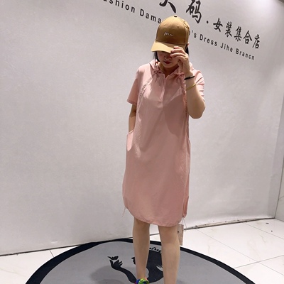 3653女权贵族夏款新品速干面料半拉链连帽减龄连衣裙加大码女装