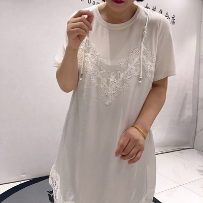 31022女权贵族夏款新品一手长侧边开衩拼接面料假两件减龄衫大码