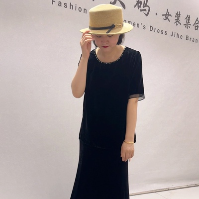 3671芮娜依莲初秋新品简洁大方高级感气质上衣丝绒半袖加大码女装