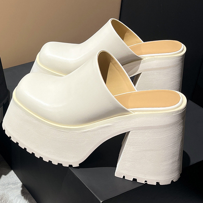 古菲斯奇女鞋粗高跟包头一字半拖