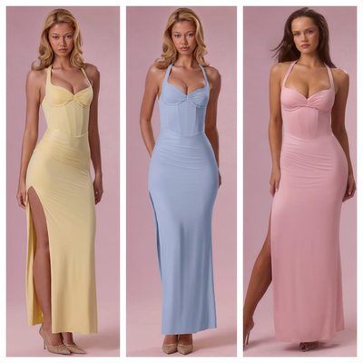 英国代购正品04.02 名品ohpolly 女装新款 挂脖开叉长款连衣裙