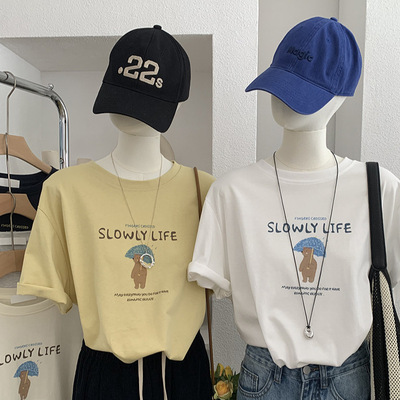 欧玛莱 2026早春韩版休闲卡通小熊印花短袖T恤直筒套头上衣女6573