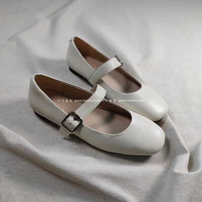 纯原！如球鞋般舒适~显瘦时髦洋气米色一脚蹬真皮玛丽珍女平跟鞋