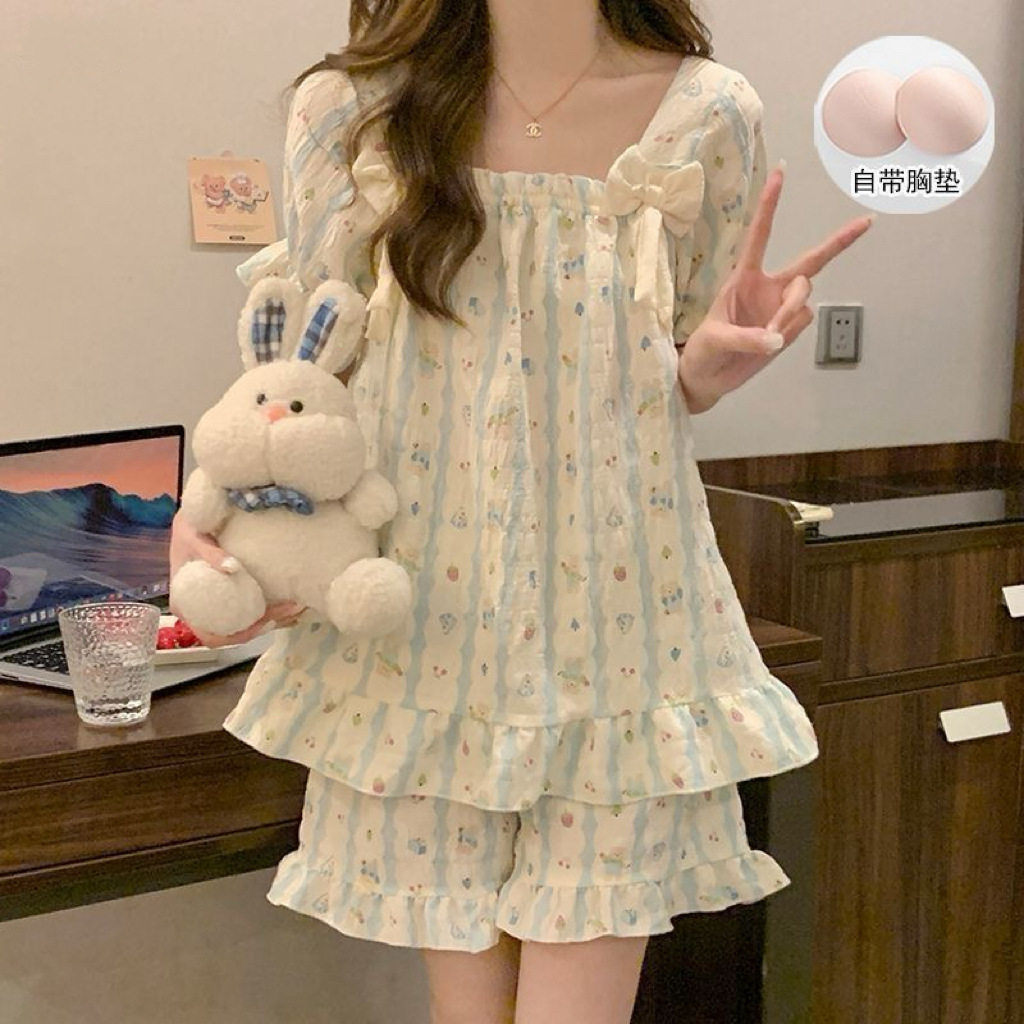 带胸垫睡衣女款夏天短袖薄款防凸点可爱蝴蝶结甜美夏季套装家居服