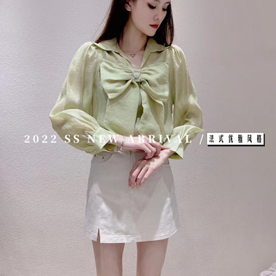 法式春夏蝴蝶结天丝翻领套头女白女女上衣女长袖衬衫设计女小众感