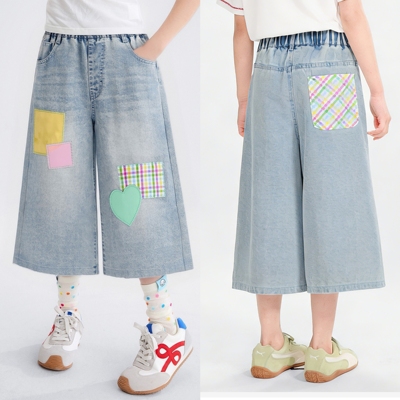 110-170码 女童夏季七分牛仔裤 多巴胺彩色爱心贴布绣直筒阔腿裤