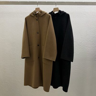 现 韩国东大门26秋冬新款STATEMENT连帽单排扣毛呢大衣外套