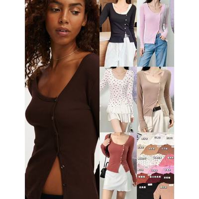 休闲简约风百搭斜扣修身长袖上衣