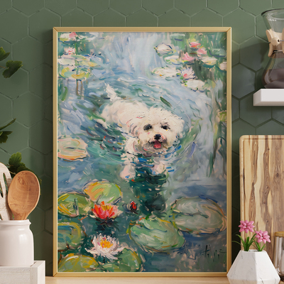 荷塘犬趣客厅卧室沙发动物狗风景自然装饰画挂画艺术框油画壁画