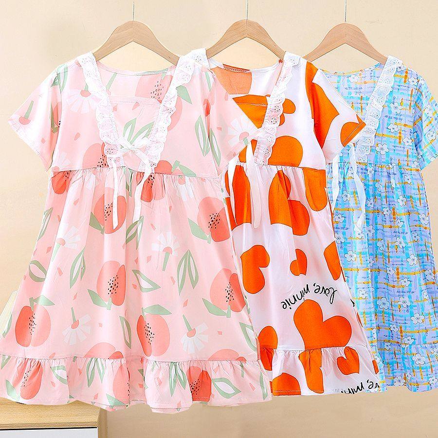 女孩裙子夏季薄款棉绸女童睡裙中大童宽松家居服可外穿花边裙
