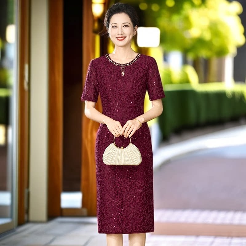 夏季结婚妈妈礼服晚装洋气新款喜婆婆婚宴喜服时尚大码5XL连衣裙