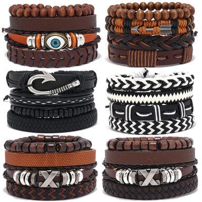 men's Bracelet男士手链潮流街舞手环编织组合套装手绳男皮革手链