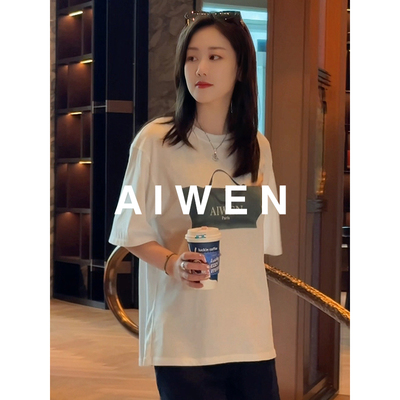【AIWEN/艾芠】夏季天丝羊毛慵懒宽松印花短袖T恤女ZNY-X60326