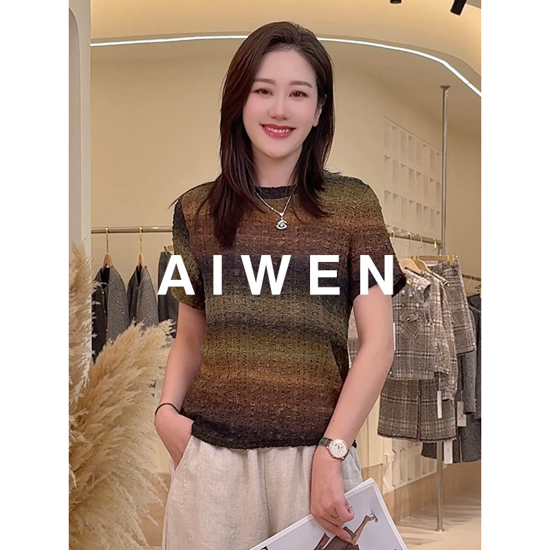 【AIWEN艾芠】渐变色条纹弹力肌理感短袖T恤女SR-C60192
