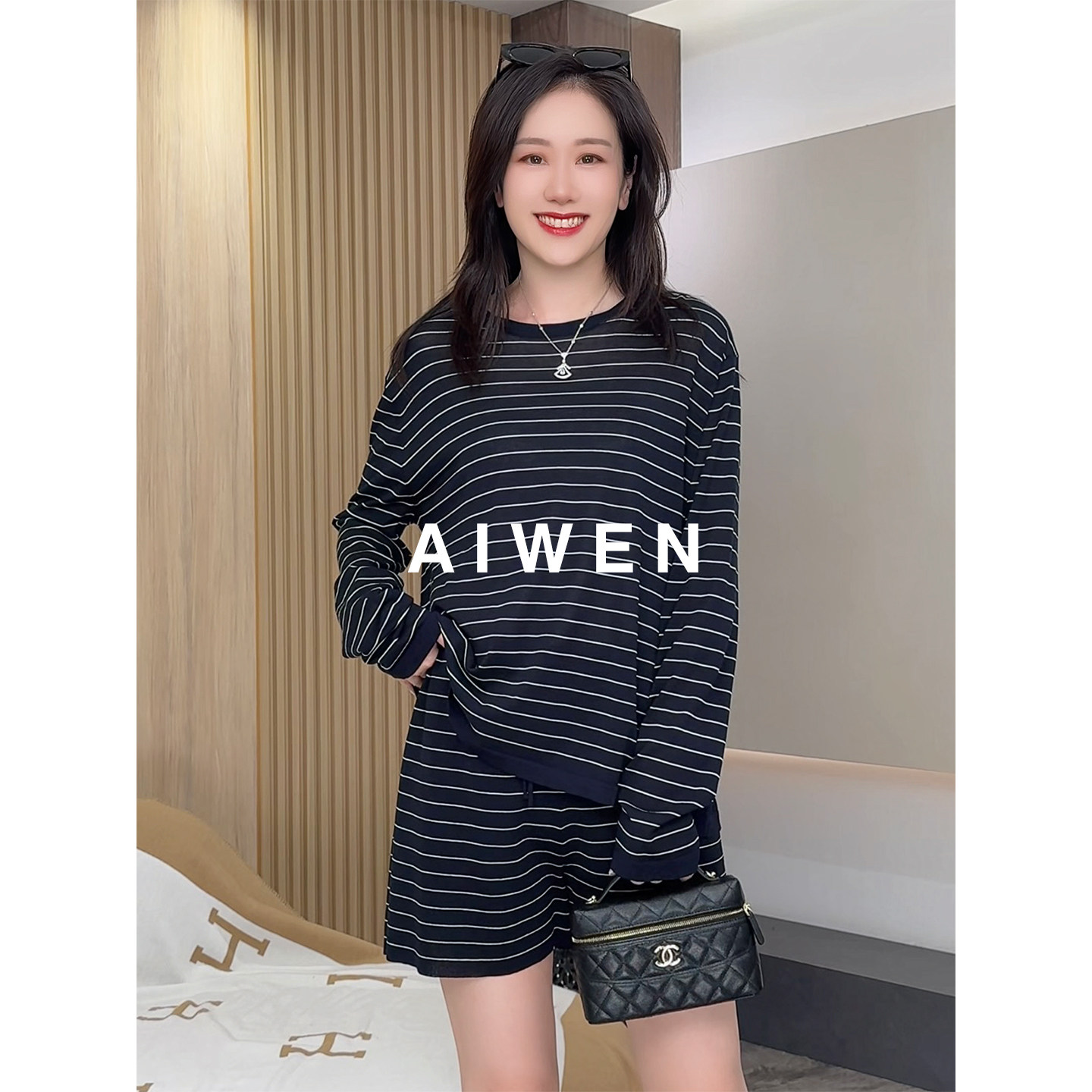 【AIWEN艾芠】夏季新款宽松条纹长袖针织T恤女HH-X60481