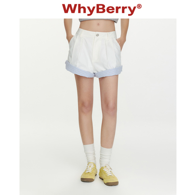 WhyBerry 26SS“清爽海日”翻边格纹拼接短裤女显瘦A字百搭阔腿裤