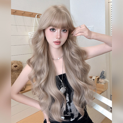 奶茶灰棕假发女齐刘海大波浪长发假发蓬松自然长卷发头套long wig
