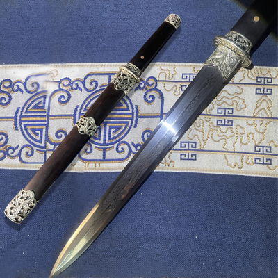 白铜小龙渊装黑檀木八面短剑花纹钢全手磨未开刃