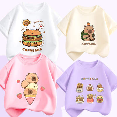 时尚中大童纯棉卡通T恤男女夏装Capybara卡皮巴拉面包宝宝短袖衫