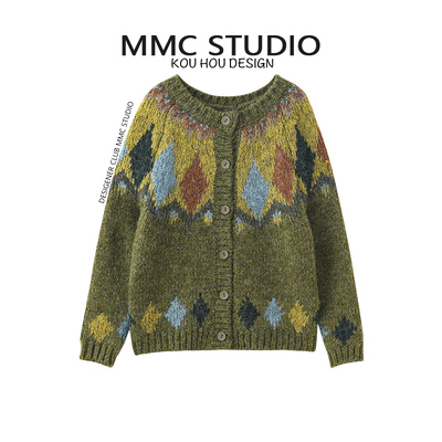 MMC 2026早春新款圆领单排扣短开衫女复古森系菱格撞色毛衣外套