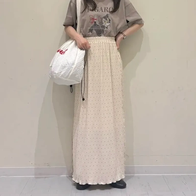 夏季日系SM2高腰褶皱光泽感垂坠木耳波浪边甜美复古直筒中长裙子