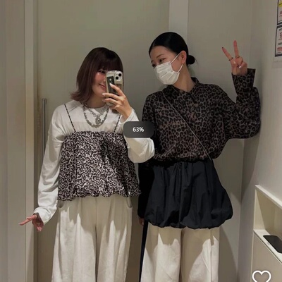 清早秋日系JS褶皱气球纯色OR豹纹抽绳设计2WAY复古叠穿吊带衫短裙