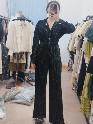 VELWIN蔚雯 高级感气质复古金丝绒亮丝V领直筒坠感连体裤 S/M码