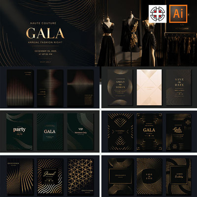黑金轻奢GALA晚宴邀请函AI矢量素材年会舞台背景卡片设计
