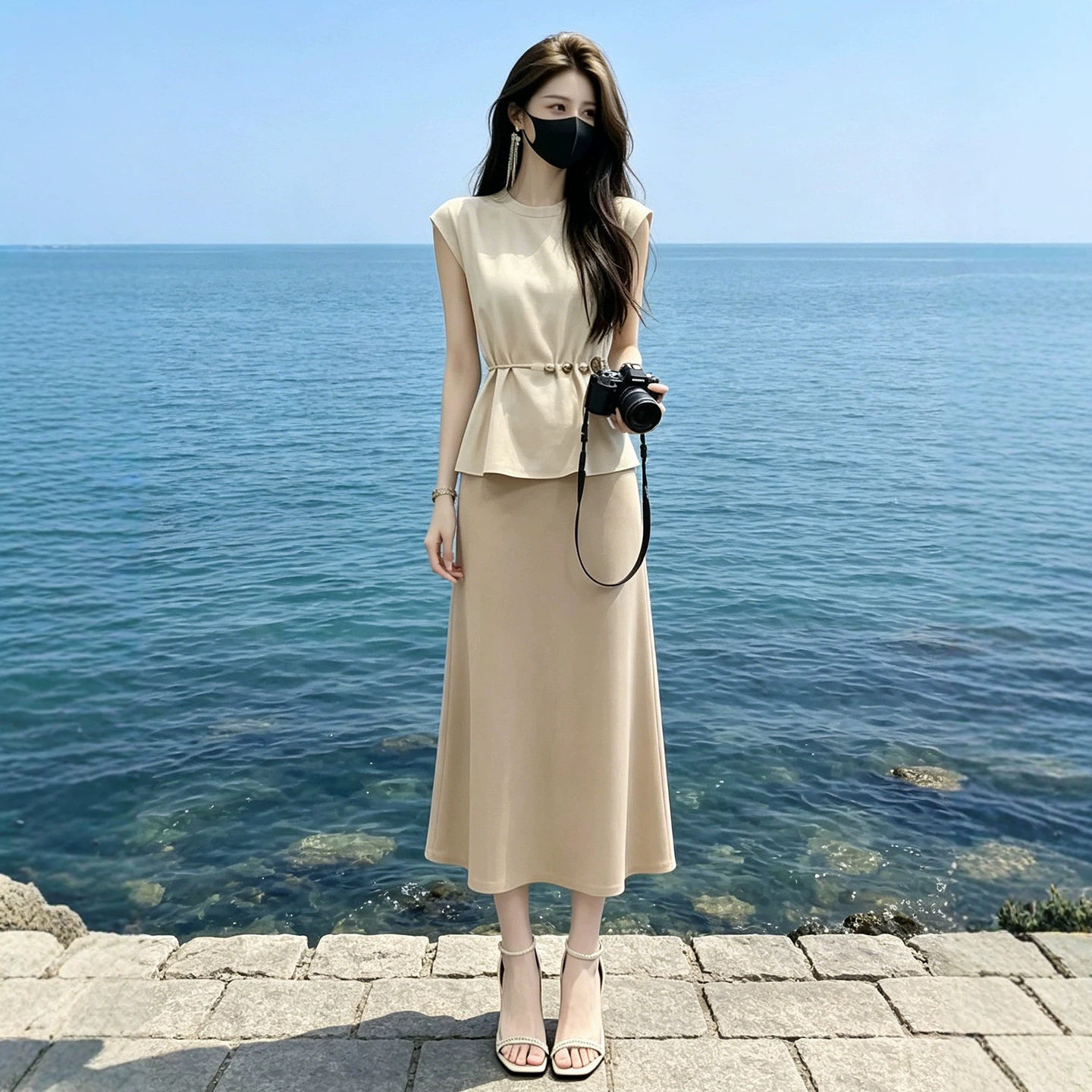 轻熟简约风杏色中长裙两件套女2026夏季修身显瘦气质名媛套装裙