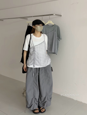 6580夏季新款韩版气质休闲百搭宽松显瘦拼格子假两件短袖T恤上衣