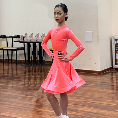 少儿拉丁舞圆领丝绒分体表演裙