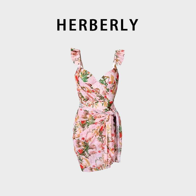 HERBERRY泳装女沙滩温泉度假情侣泳衣小胸钢托聚拢裙式连体泳衣
