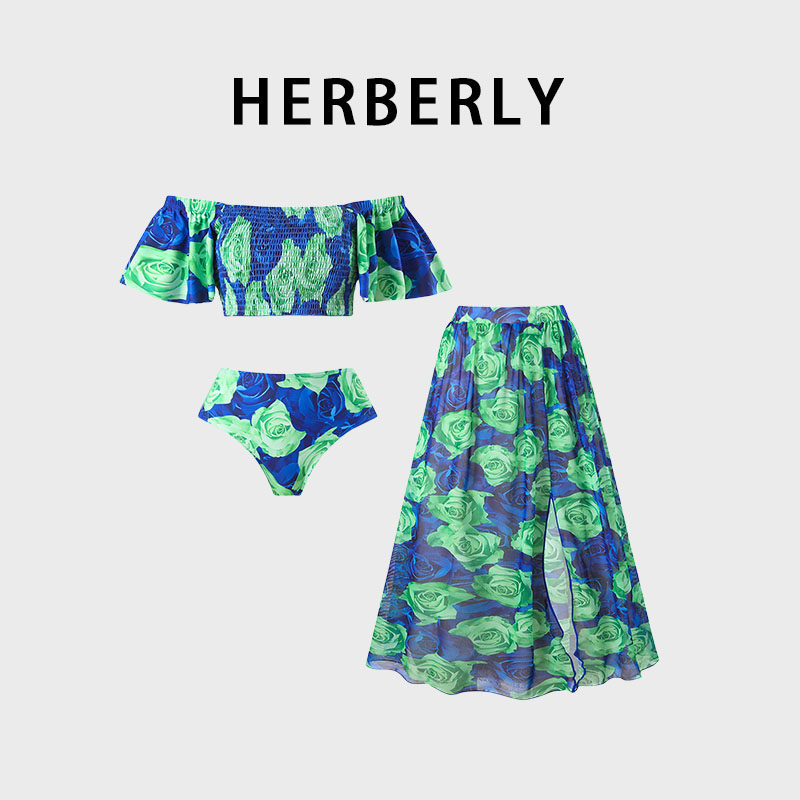 HERBERRY泳装女法式一字肩印花抹胸bikini显瘦性感裙式分体泳衣