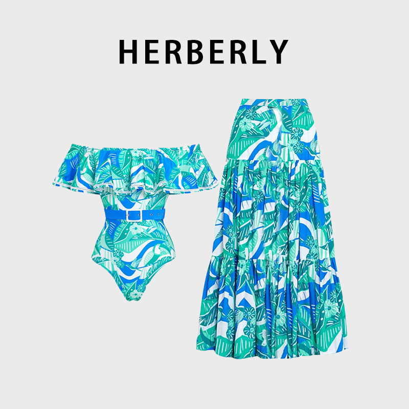 HERBERRY泳装女法式复古印花一字肩荷叶边裙式连体泳衣温泉度假
