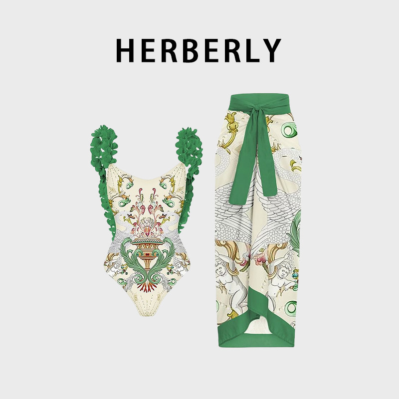 HERBERRY泳装女高级复古国风比基尼泡温泉度假露背连体游泳衣裹裙