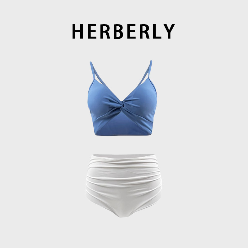 HERBERRY泳装女复古小胸聚拢比基尼平角高腰显瘦泡温泉分体游泳衣