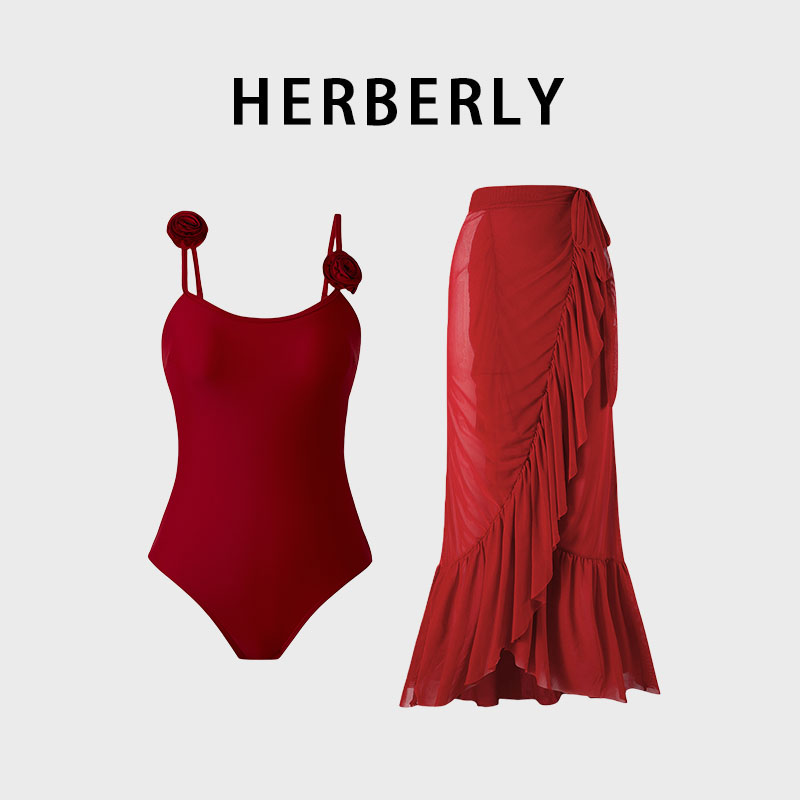 HERBERRY泳装高级复古吊带立体花朵比基尼海岛度假连体泳衣长裙子