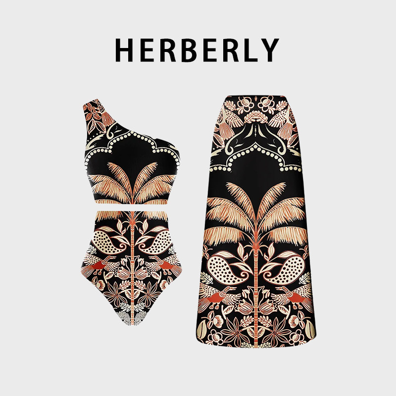 HERBERRY泳装女法式高级复古单肩性感比基尼温泉度假裙式分体泳衣