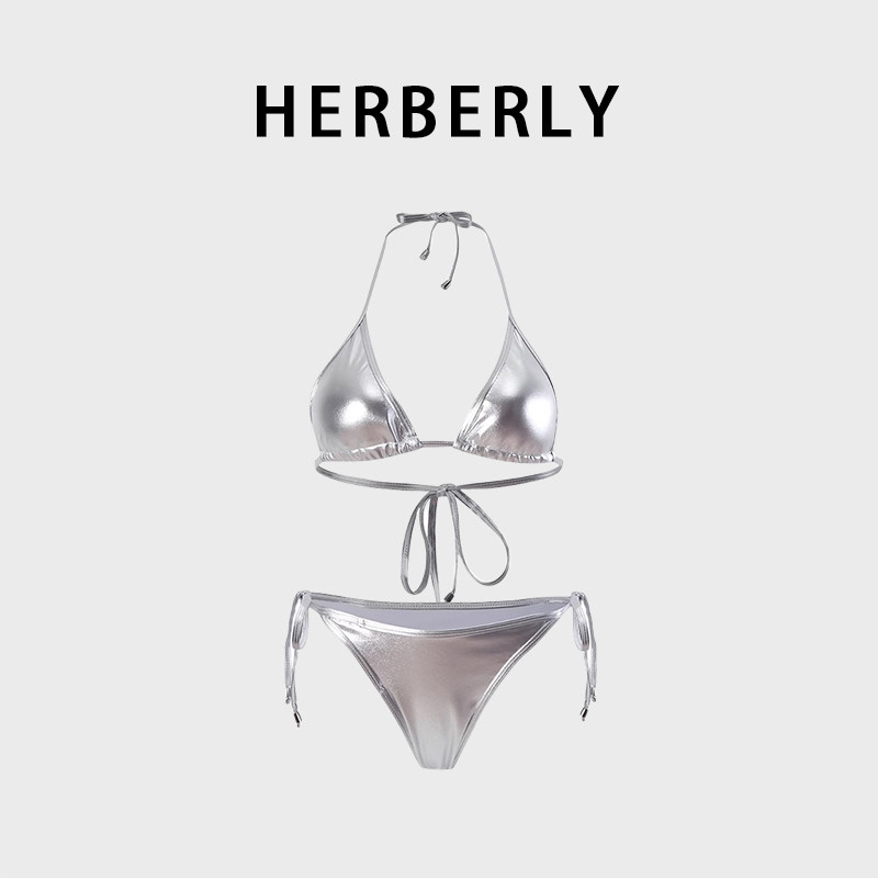 HERBERRY泳装高级小众亮面辣妹性感三点式比基尼温泉度假分体泳衣