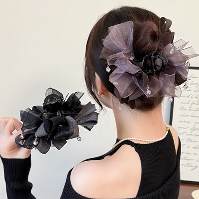 立体欧根纱花苞鲨鱼夹蝴蝶结发夹