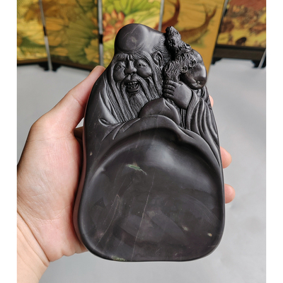 手工雕端砚台 麻子坑《寿星公》端砚台 14x9x3cm