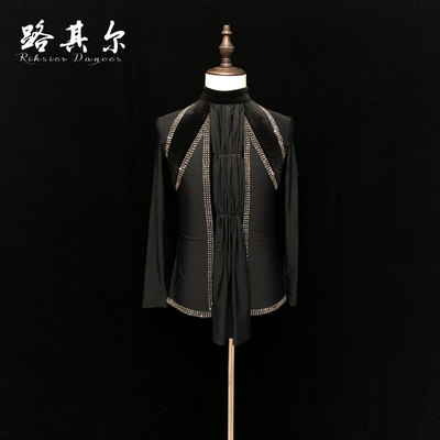 路其尔*男童拉丁舞表演服国标比赛烫钻服新款男士长袖上衣Q-21217