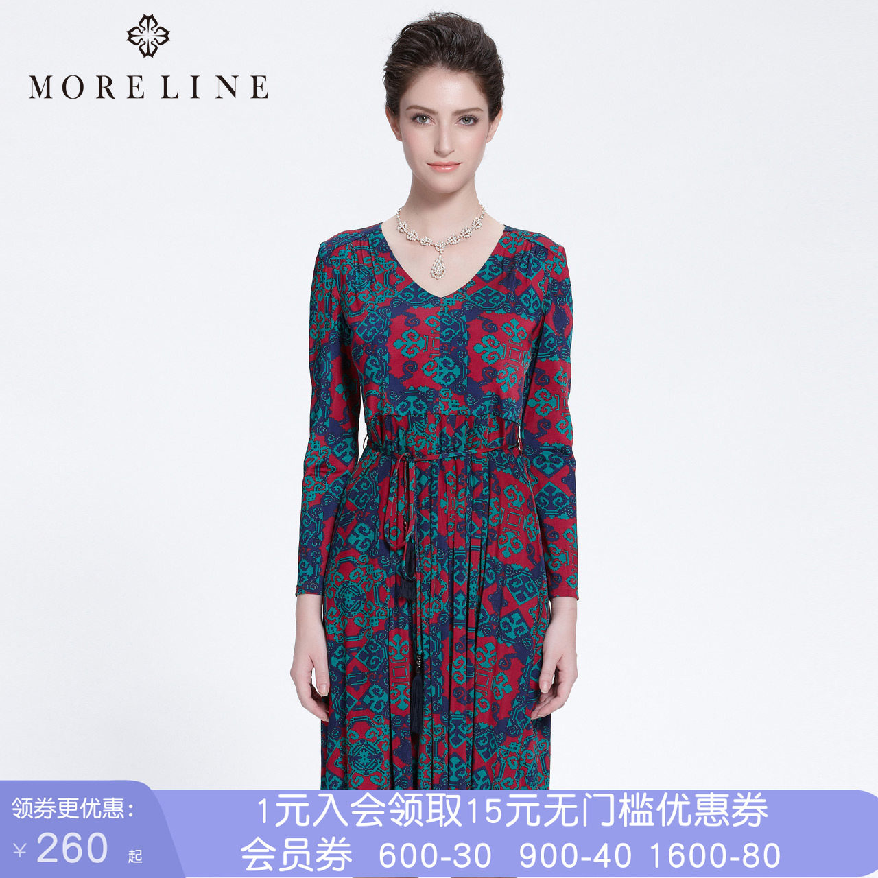 MORELINE沐兰春秋长款连衣裙 甜美桃心领长袖印花连衣裙