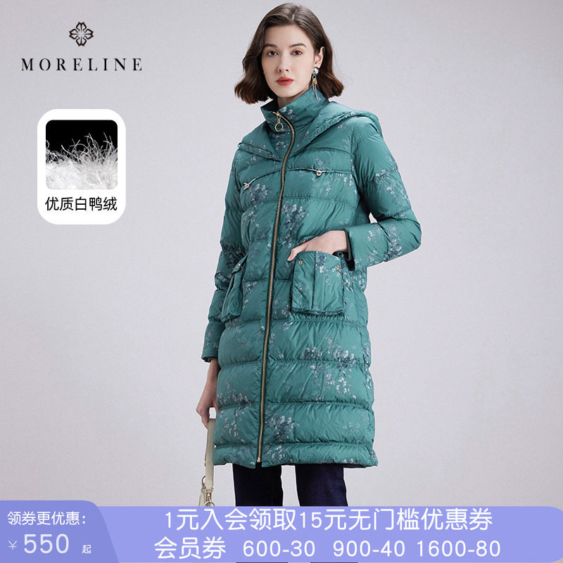 沐兰小众印花中长款羽绒服女冬新款设计感连帽白鸭绒御寒服