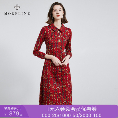 沐兰安哥拉红印花连衣裙2024秋装