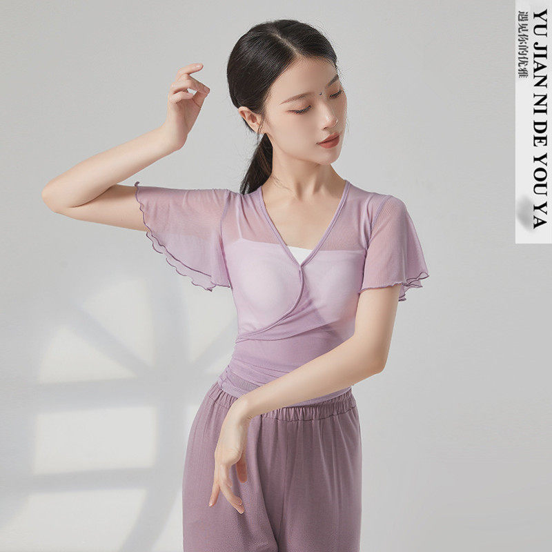 小飞袖交叉绑带夏季短袖网纱衣现代舞中国古典舞蹈服练功服上衣女