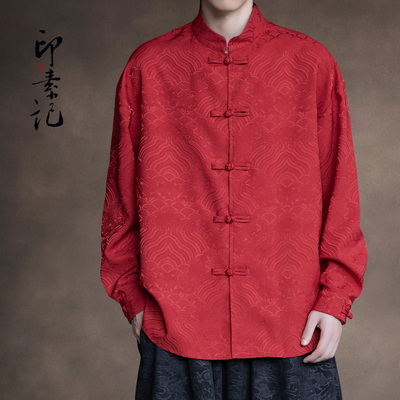 秋款中国风唐装男装复古盘扣情侣上衣男中式立领薄红色外套夹克